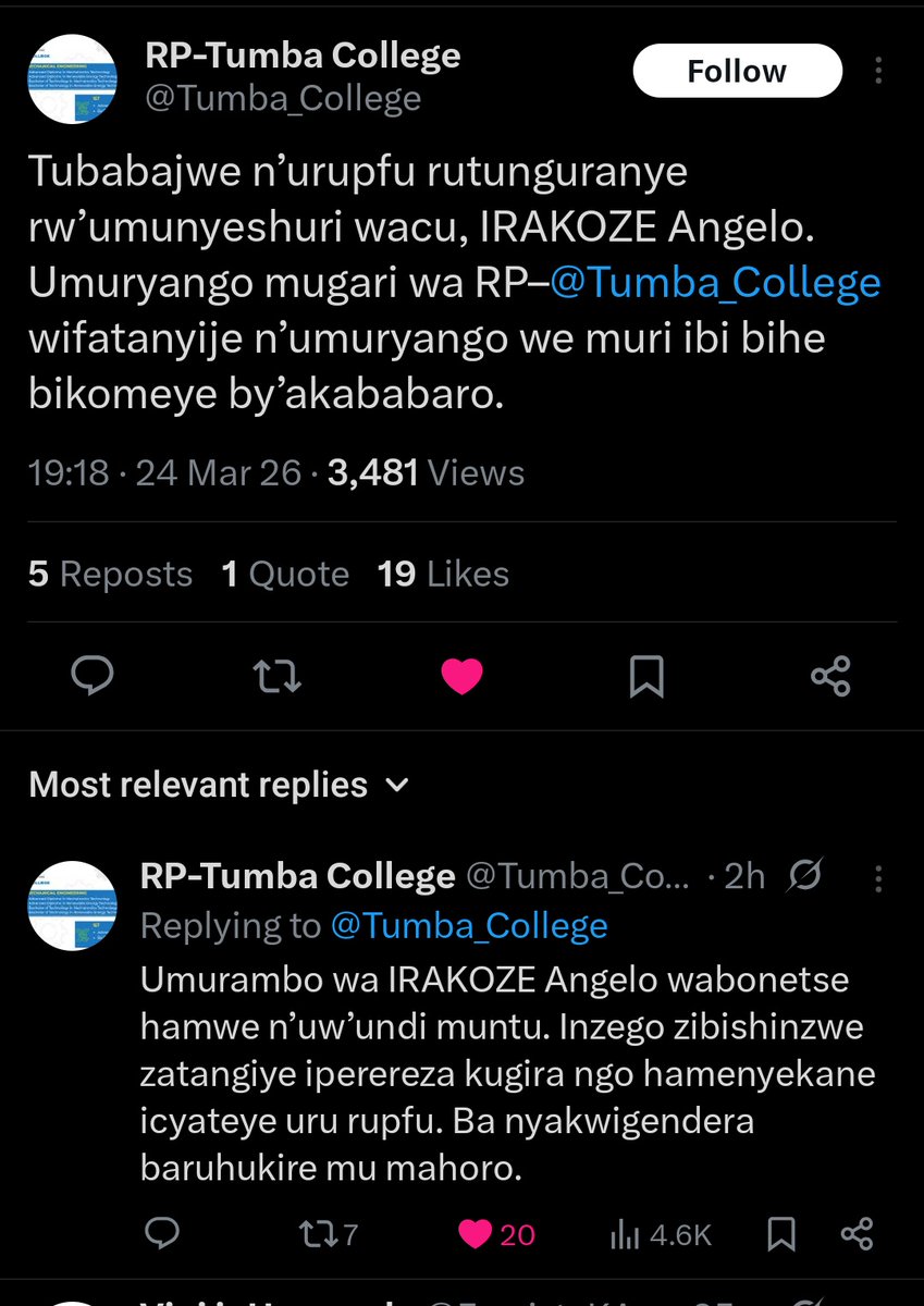 RP-Tumba College iti "umurambo wa IRAKOZE Angelo wabonetse hamwe n'uw ...