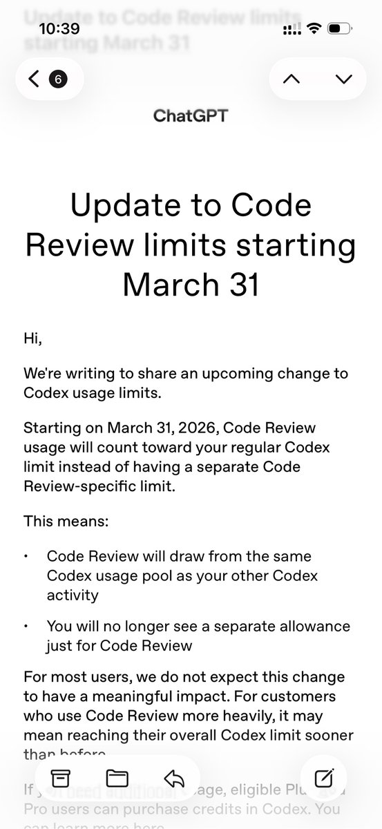 OpenAI 计划开始收紧用量了，第一步就是把 Code Review 的 limit 统一算进 Codex Usage limits 里 ...