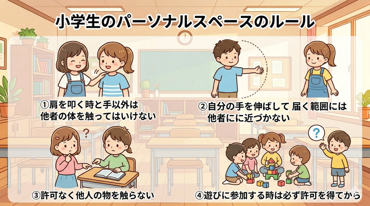 小学生に教えたいパーソナルスペースのルール ・基本、肩を叩く時と手以外は他者の体を触ってはいけない ・自分の手を伸ばして届く範囲には他者に ...