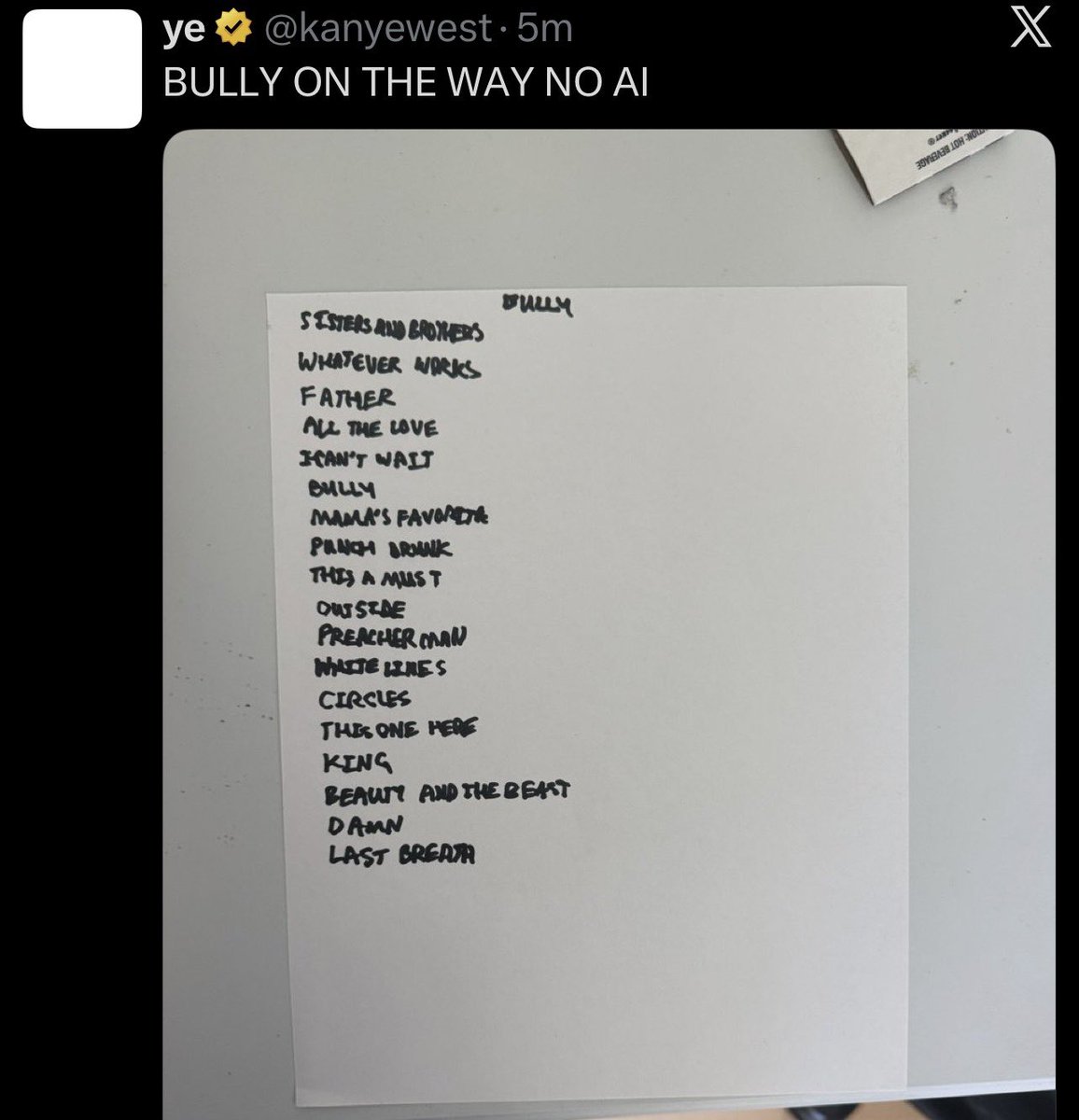 THE OFFICIAL TRACKLIST FOR BULLY 🚨 "BULLY ON THE WAY NO AI" VIA YE