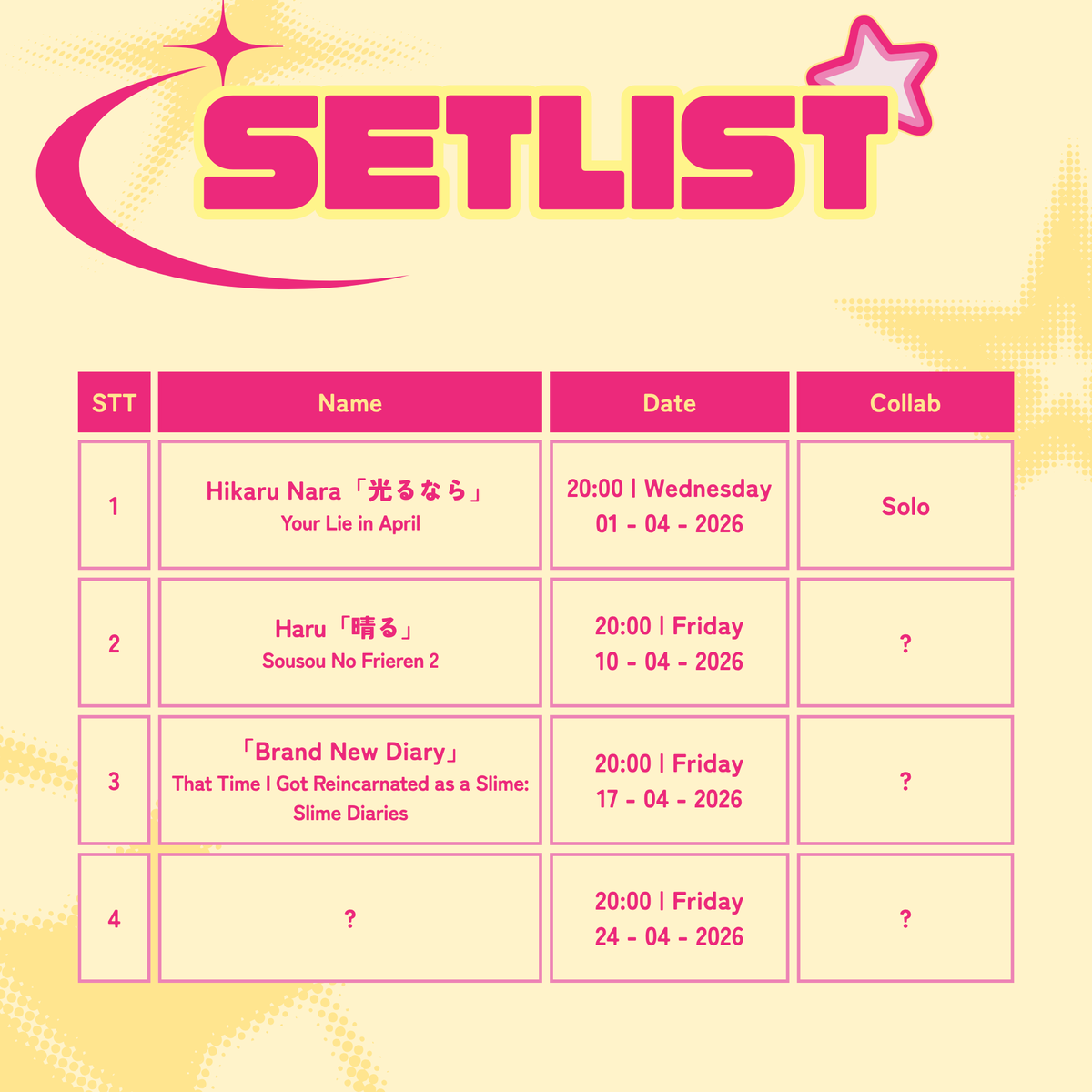 🎵 April Setlist Teaser 🎵 Na-na-na-na~ 🎶 April’s theme is officially ...