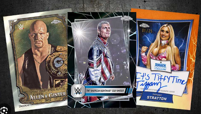 2025 @Topps WWE Chrome Vs. 2025 @UpperDeckSports AEW Metal Universe.