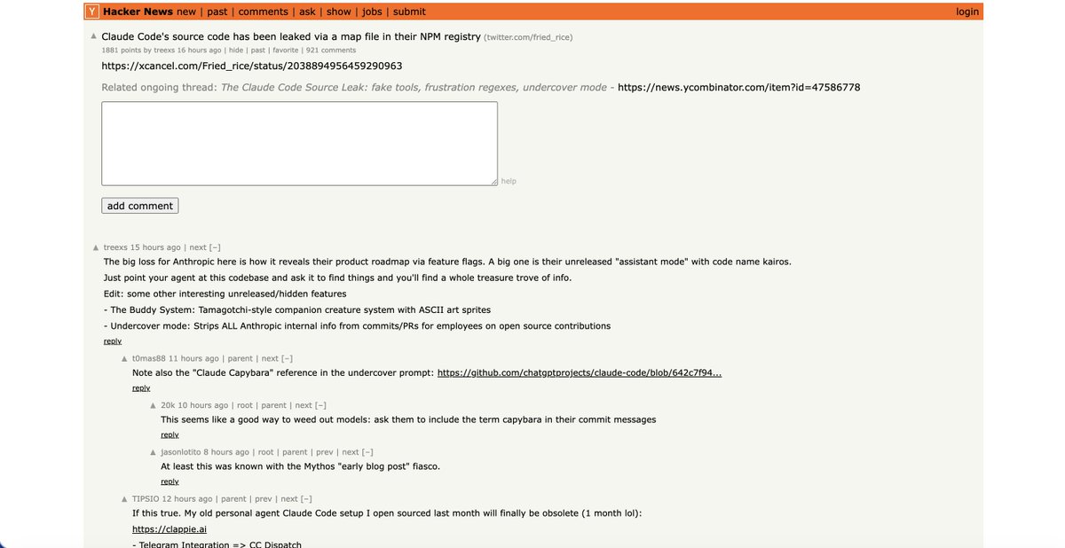 Claude CodeのソースコードがNPMから丸ごと流出した件、どうして漏れたかの話から面白い。 Anthropicはパッケージを削除しよう ...
