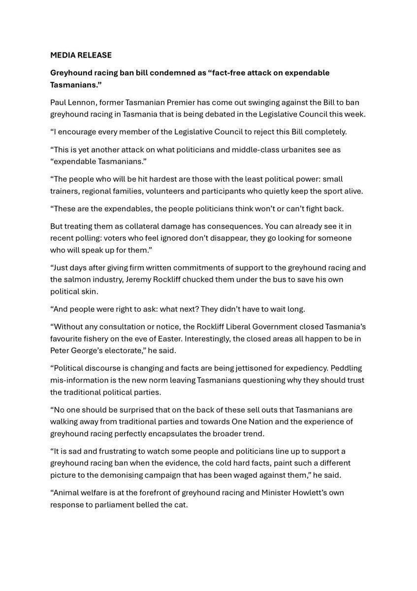 🚨 MEDIA RELEASE - PAUL LENNON (FORMER TASMANIAN PREMIER) Greyhound ...