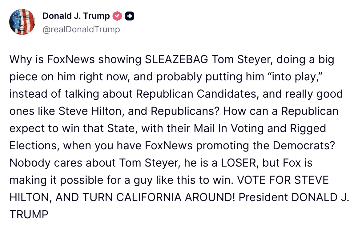 President Trump on Truth Social: Why is FoxNews showing SLEAZEBAG Tom ...