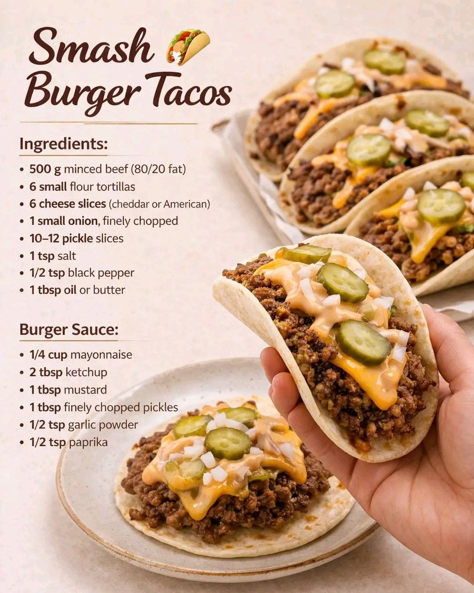 Smash Burger Tacos 🌮 Ingredients: • 500 g minced beef (80/20 fat ...