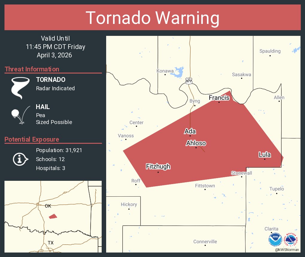 Tornado Warning including Ada OK, Francis OK and Fitzhugh OK until 11: ...