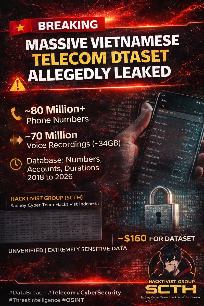 🇻🇳 Massive Telecom Dataset Allegedly Leaked A threat actor claims to be ...