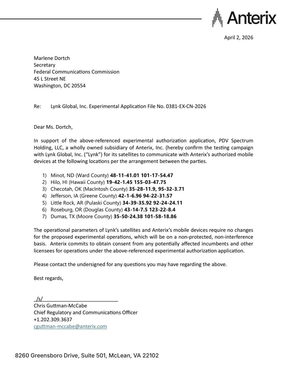 🚨🚨 Lynk - FCC Docket 0381-EX-CN-2026 PDV Spectrum Holding, LLC, a ...