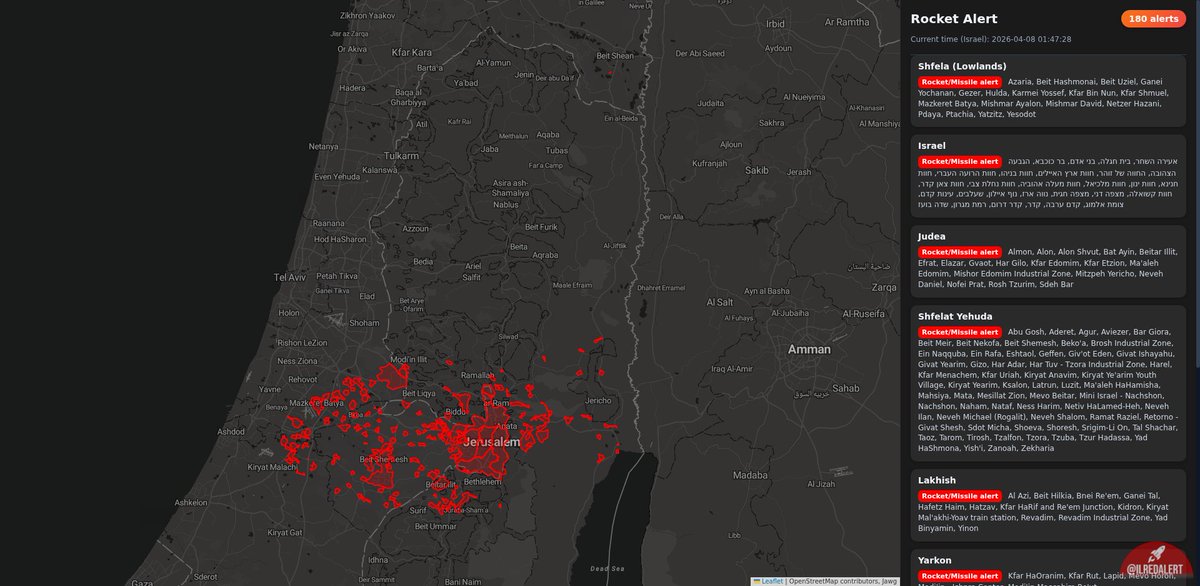 Rocket Alert [01:46:23] - 180 Alerts: • Shfela (Lowlands) — Gezer, Beit ...