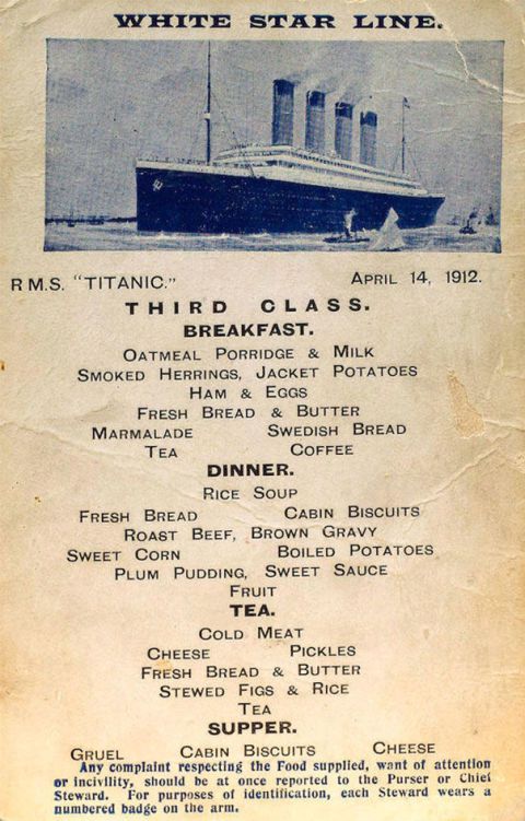 This is a third-class (steerage) menu from the RMS Titanic dated April ...