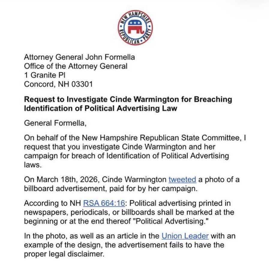 NHGOP asks ATT General to investigate Cinde Warmington A former lawyer ...