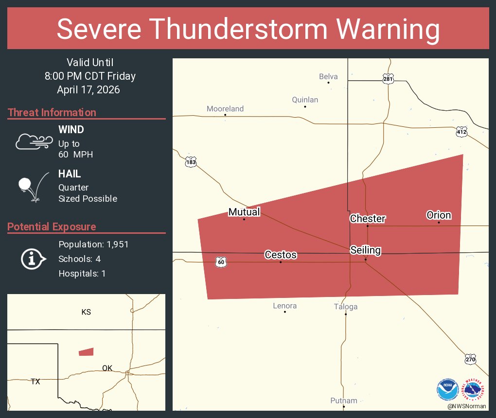 Severe Thunderstorm Warning continues for Seiling OK, Chester OK and ...