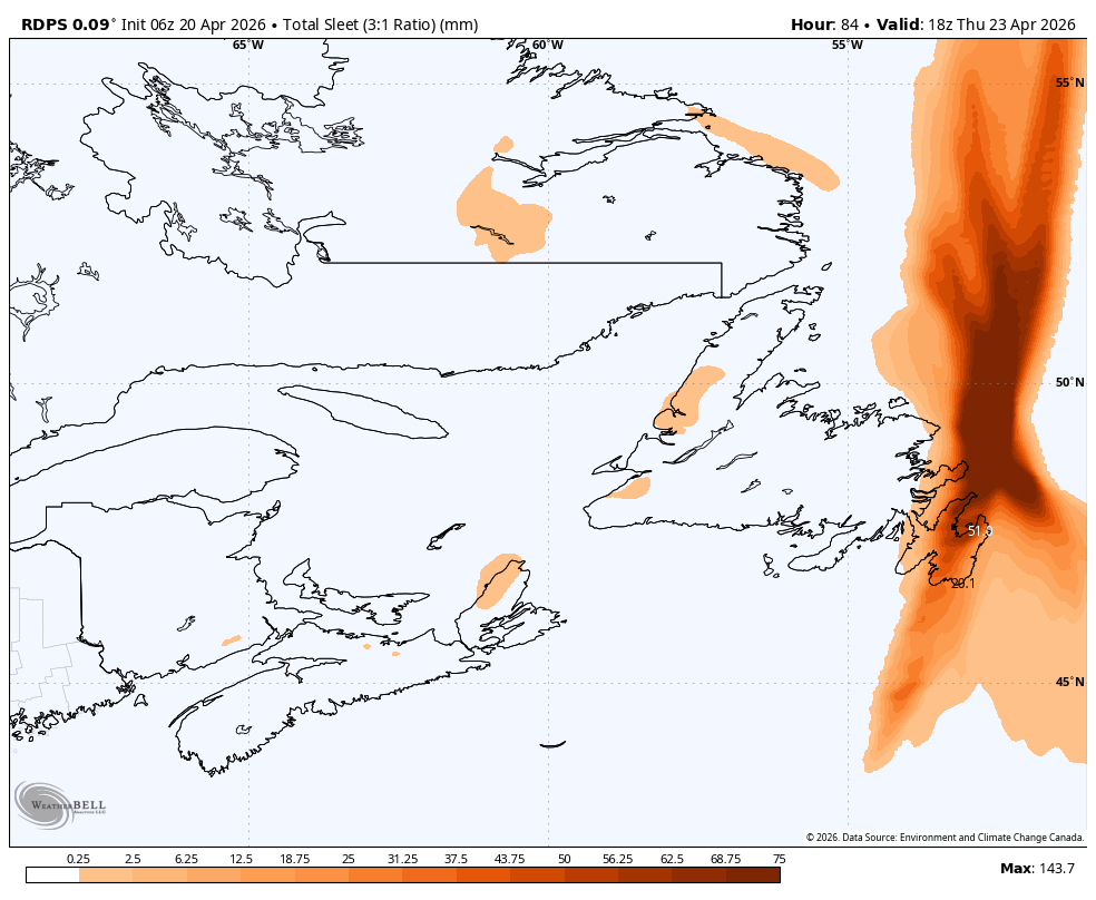 RDPS model's depiction of freezing rain amounts (mm), ice pellets ...