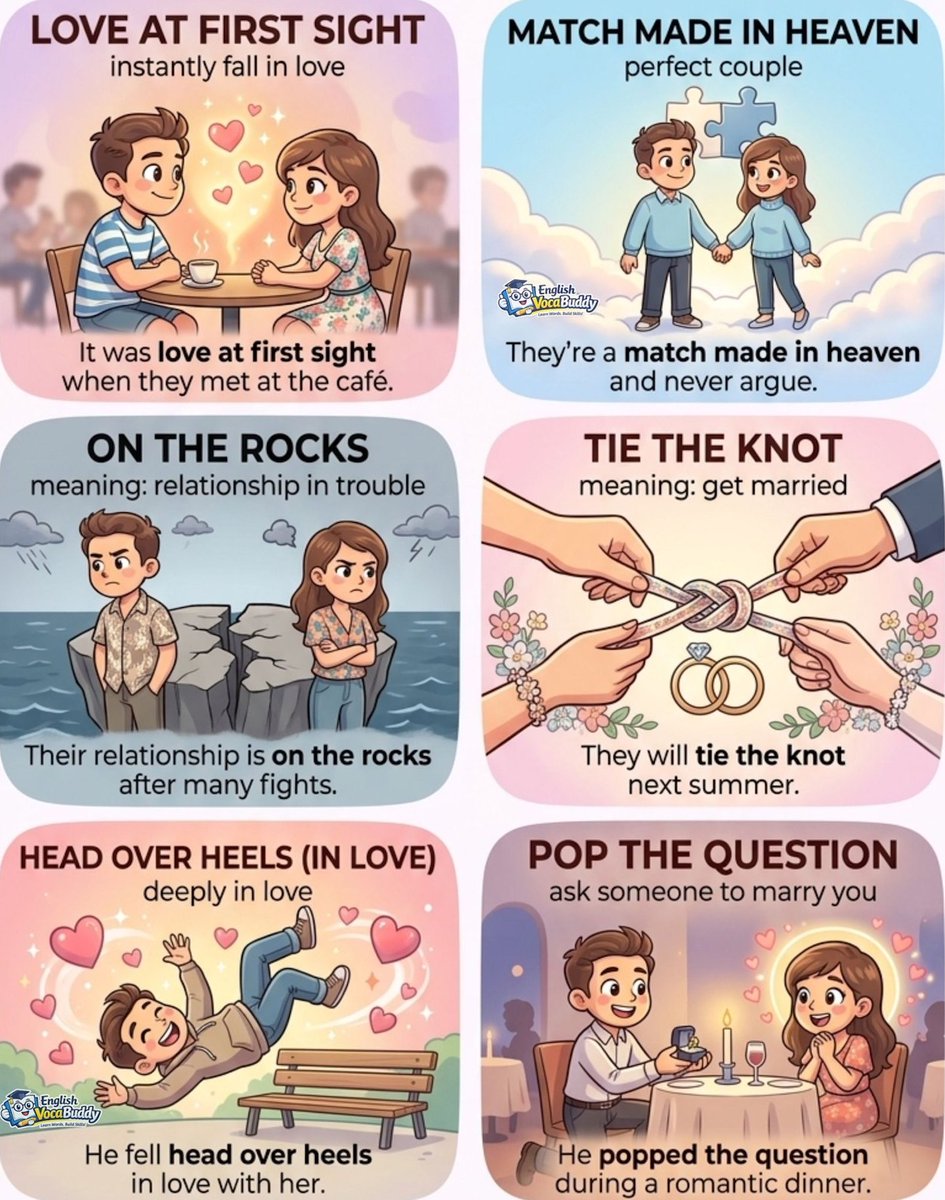 Idioms For Love and Relationships 🔹Love at first sight = Instantly fall ...