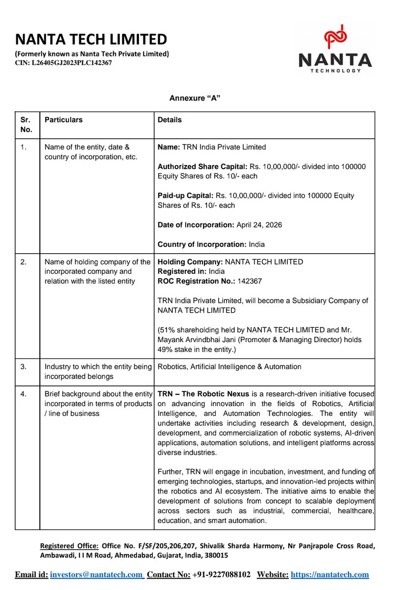 Nanta Tech Ltd informed the exchange about the incorporation of a ...
