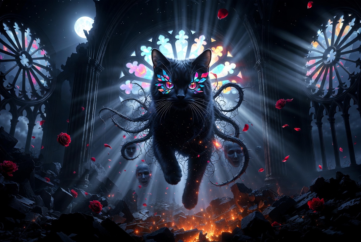 In the moonlit ruins of the gothic cathedral, a black cat floated above ...
