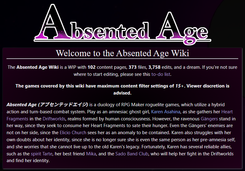 The Absented Age Wiki has over 100 content pages now. Yes, I made a lot ...