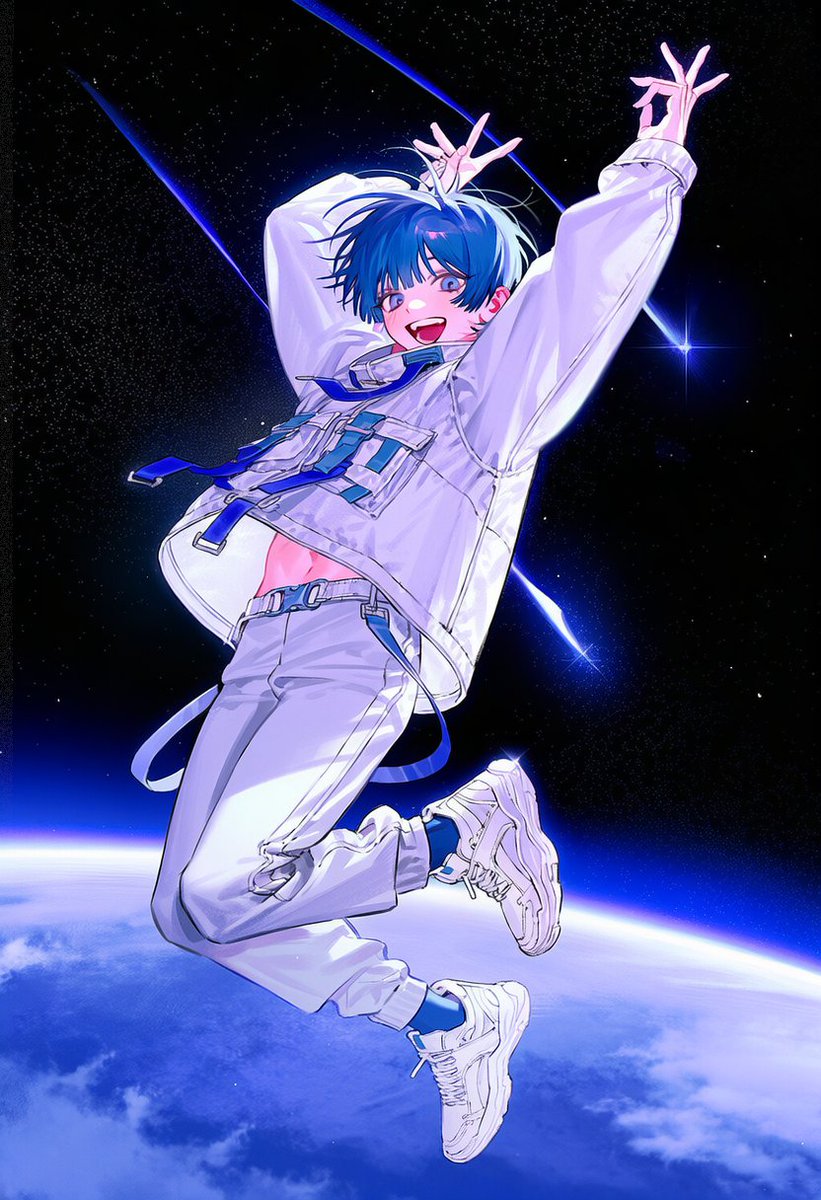 white oversized jacket, blue buckle straps, white cargo pants, white ...