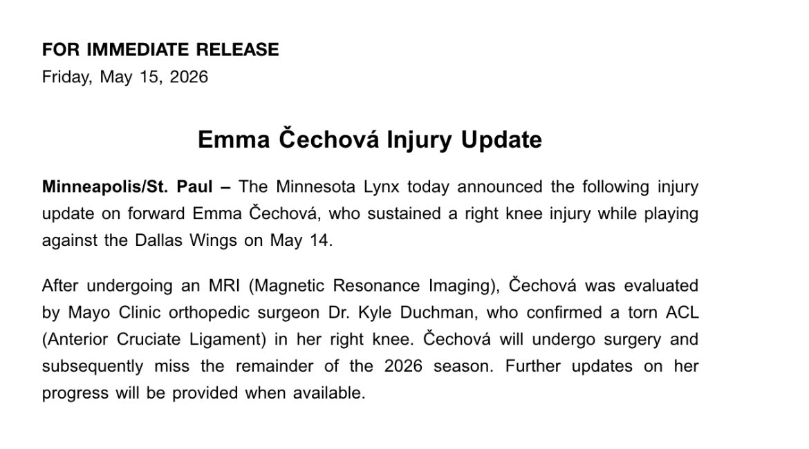 Emma Cechova update: She did tear her ACL in the non contact injury ...