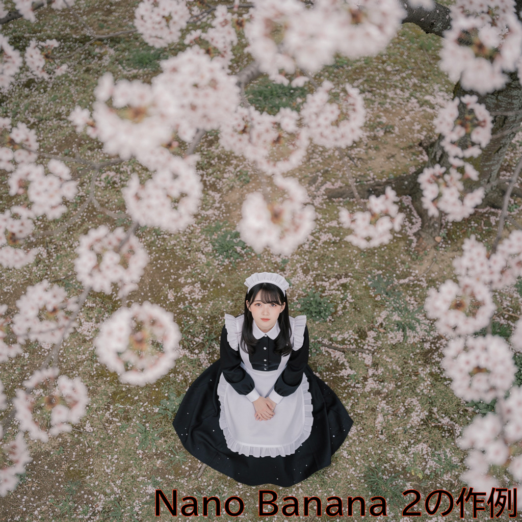 座って桜を見上げるメイド服の女性を真下に見下ろす構図のAI生成画像の比較。 自PC上で動いているものと(ETTC_AI)、flux2 pro ...