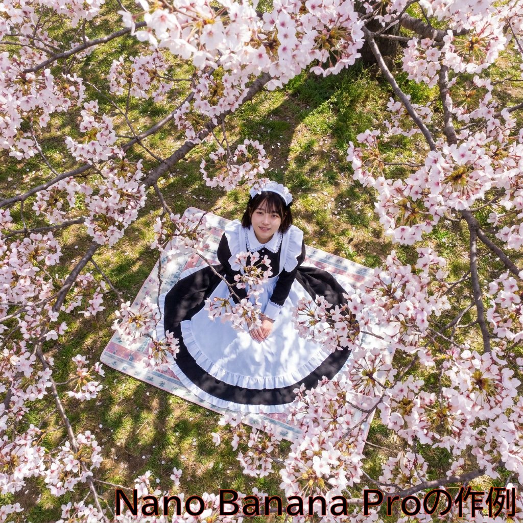 座って桜を見上げるメイド服の女性を真下に見下ろす構図のAI生成画像の比較。 自PC上で動いているものと(ETTC_AI)、flux2 pro ...