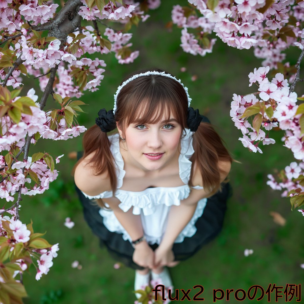 座って桜を見上げるメイド服の女性を真下に見下ろす構図のAI生成画像の比較。 自PC上で動いているものと(ETTC_AI)、flux2 pro ...
