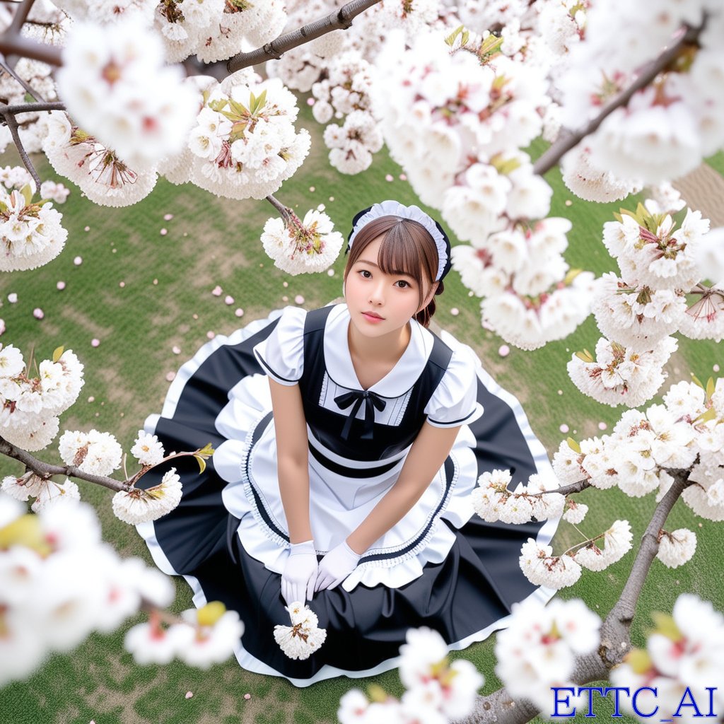 座って桜を見上げるメイド服の女性を真下に見下ろす構図のAI生成画像の比較。 自PC上で動いているものと(ETTC_AI)、flux2 pro ...