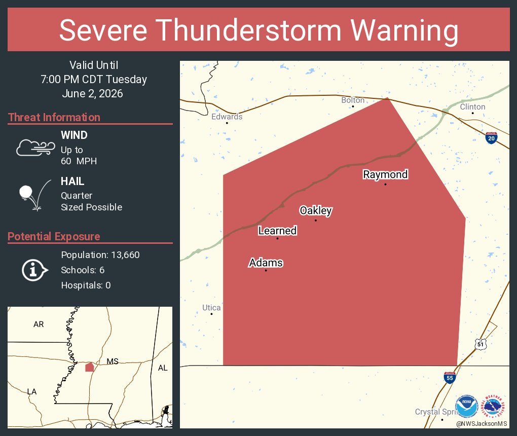 Severe Thunderstorm Warning continues for Raymond MS, Learned MS and ...
