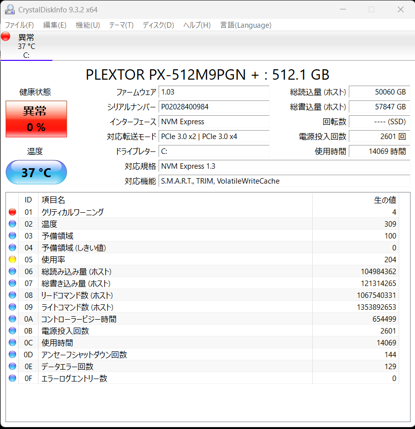 メインPCのSSDが死にそう・・・ でもこの状態になっても使いつづけるライオンハートでお届けしています。 まぁ、起動しなくなったらそのときは ...