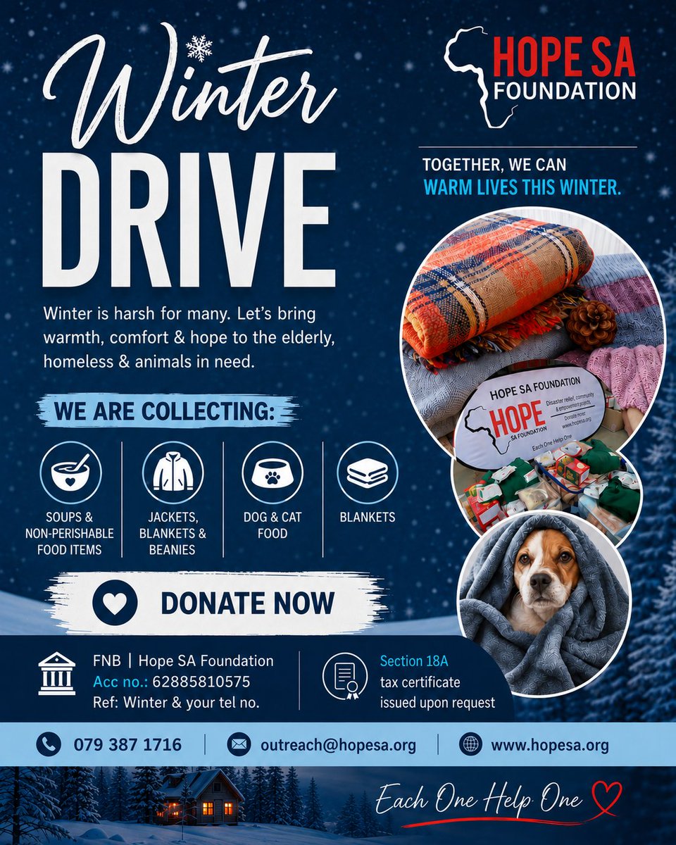 Hope SA Foundation Winter Drive ️ We are urgently seeking: 痢 Blankets ...
