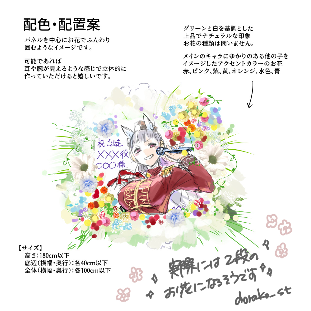 パネル完成しました！ 実物が届きましたら、またお披露目できればと思います！ お花屋さんに相談した時のイメージは2枚目に。 実際には2段のお花に ...
