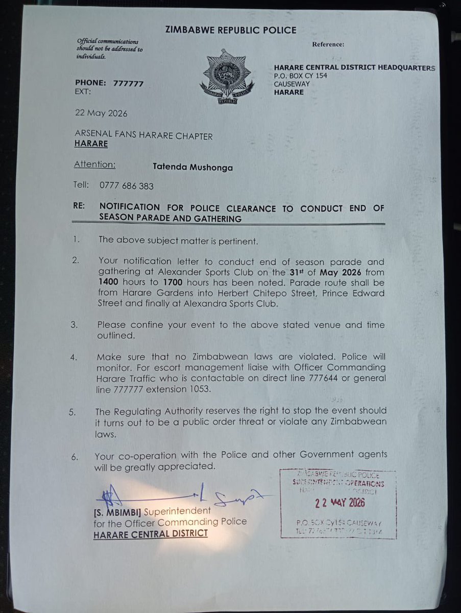 Arsenal fans in Zimbabwe have been cleared by Police to have a title ...