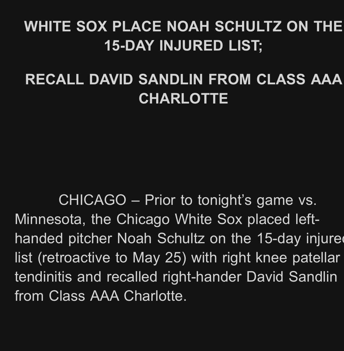 David Sandlin starts tomorrow, taking the place of Noah Schultz, who is ...