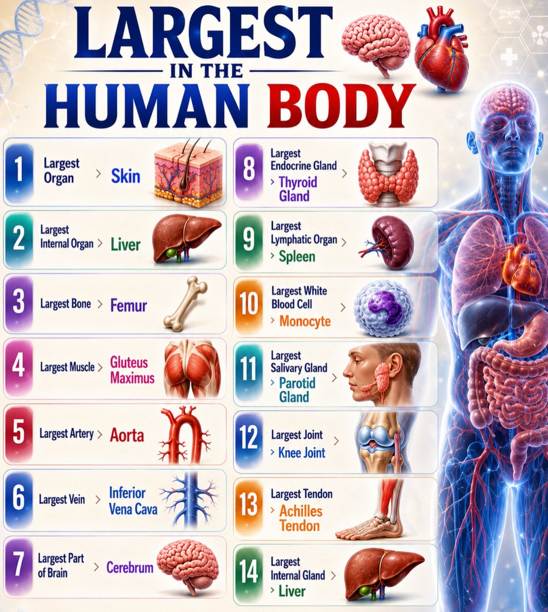 Largest in the Human Body 1) Largest Organ → Skin 2) Largest Internal ...
