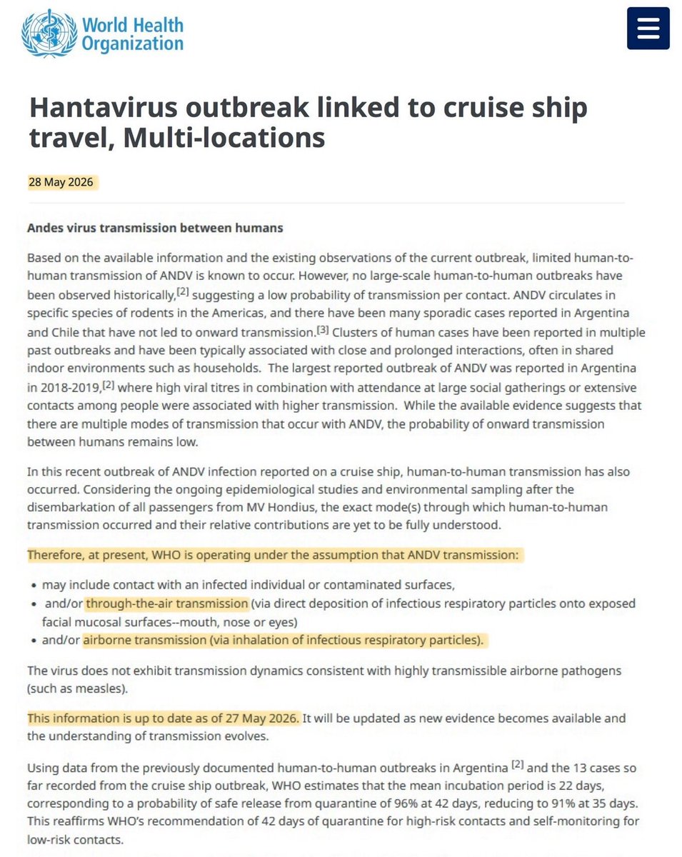 WHO have just issued a new update on the Hantavirus outbreak. I’m very ...