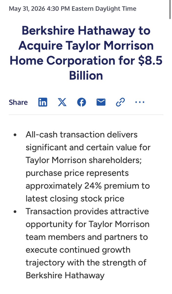 Berkshire Hathaway Acquires Homebuilder Taylor Morrison for $6.8 Billion