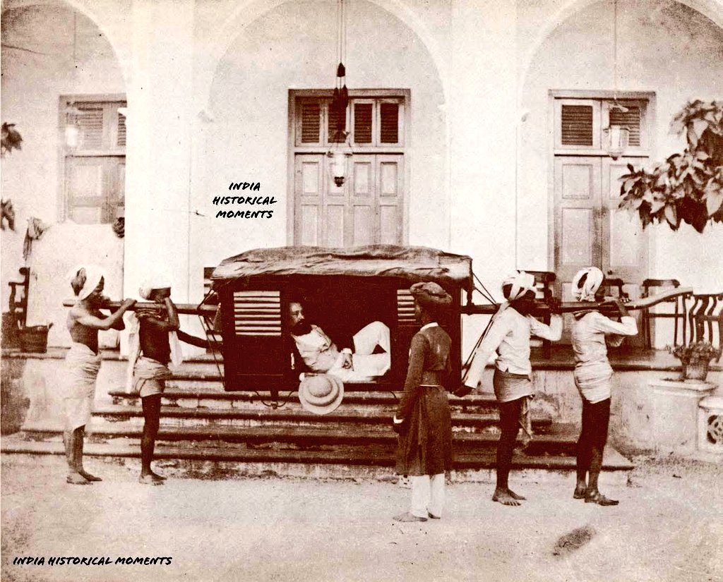 A colonial officer prepares for travel in a palanquin carried by Indian ...
