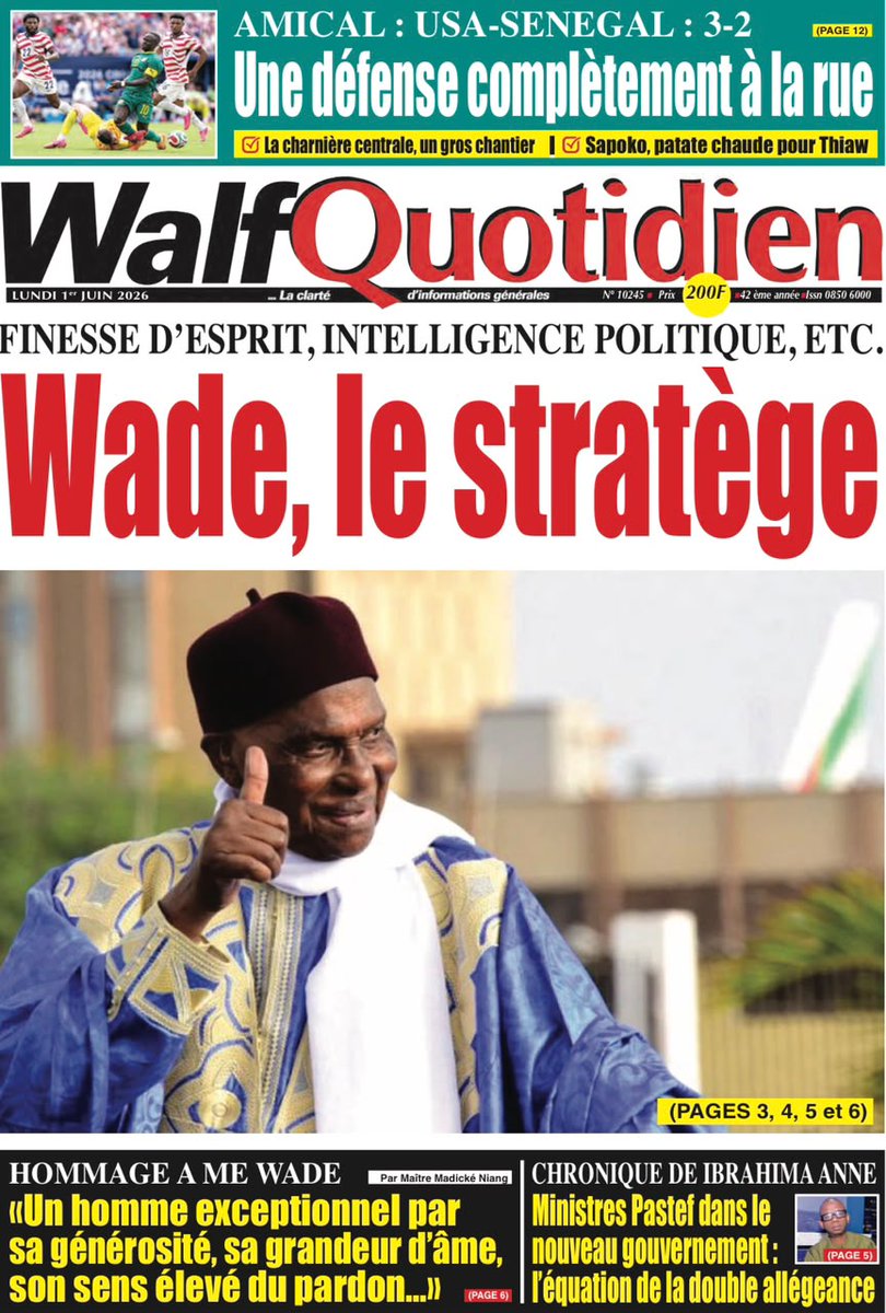 Magnifique titre de Walfadjri: Wade le strtège,finesse d'esprit ...