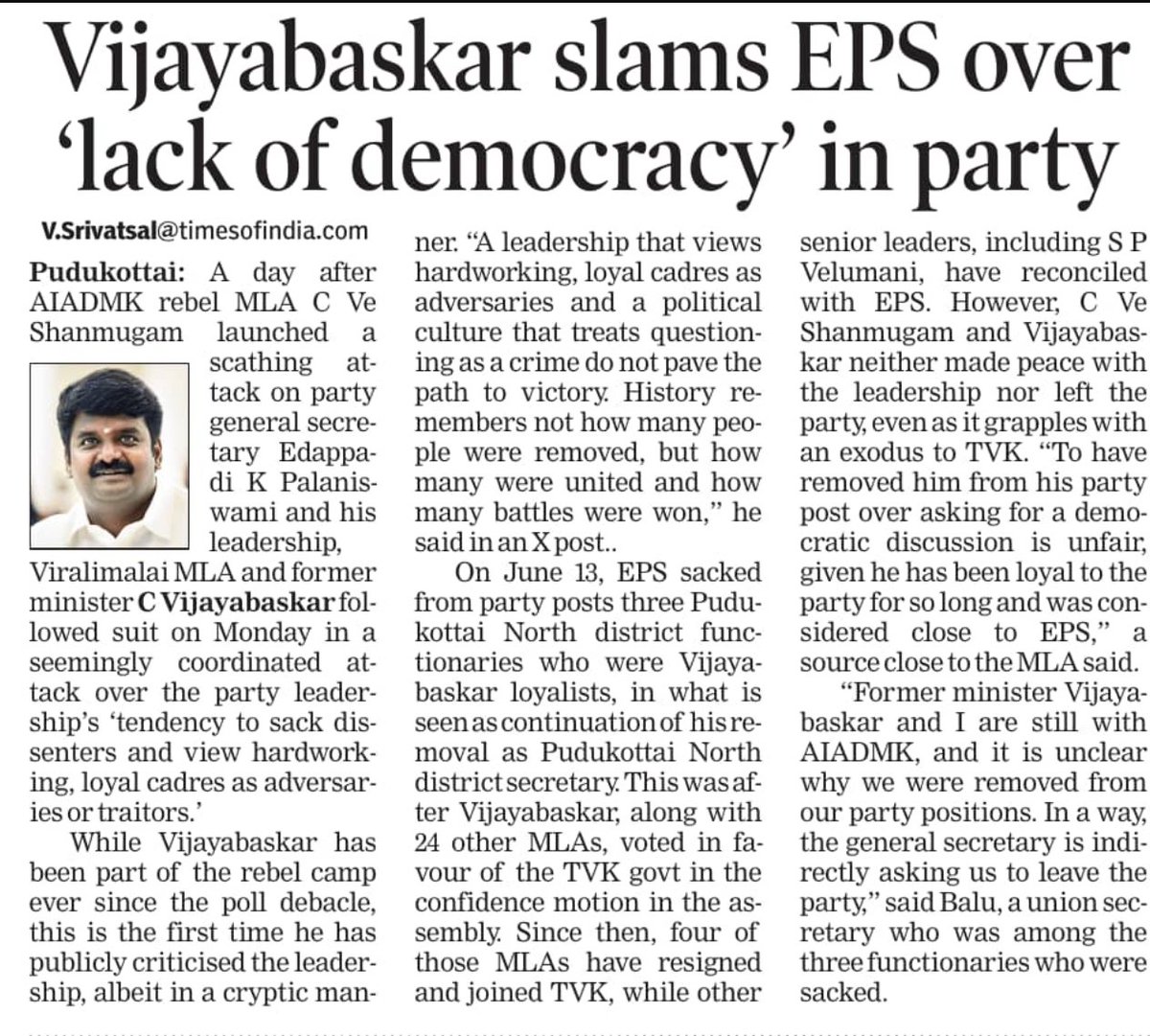 Vijaya Baskar slams #EPS over lack of internal democracy amid buzz ...