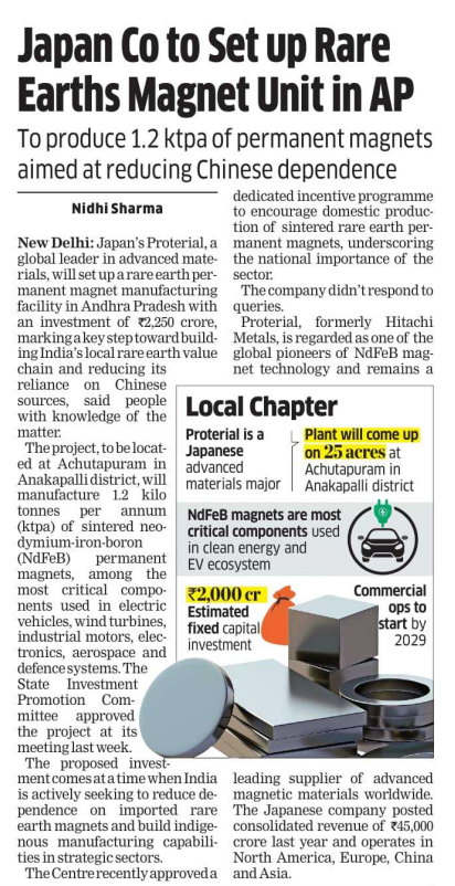 Japan's Proterial to Set Up ₹2,250 Crore Rare Earth Permanent Magnet ...