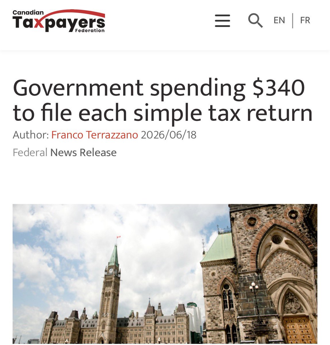 NEWS RELEASE: Government spending $340 to file each simple tax return ...