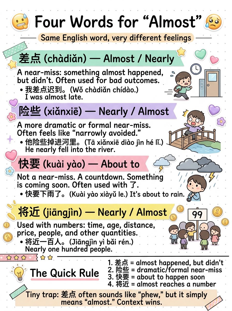 “Almost” is doing too much in English 😬 Chinese splits it into ...
