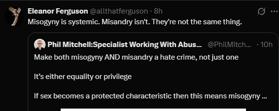 Misandry is systemic. Rape laws, family laws, sentencing guidelines ...