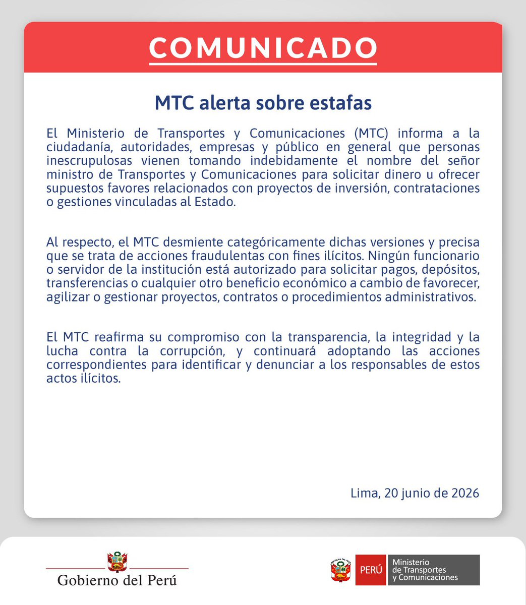 🚨#Comunicado | El #MTC alerta a la ciudadanía sobre estafas.