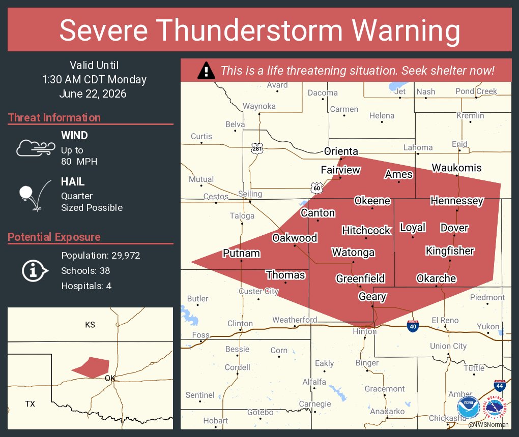 Severe Thunderstorm Warning including Watonga OK, Kingfisher OK and ...