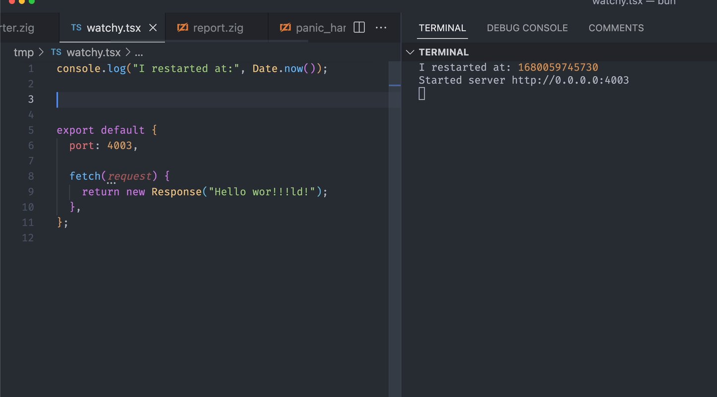 Jarred Sumner on Twitter: ""bun --watch ./watchy.tsx" https://t.co/qi7zCvx37p" / Twitter